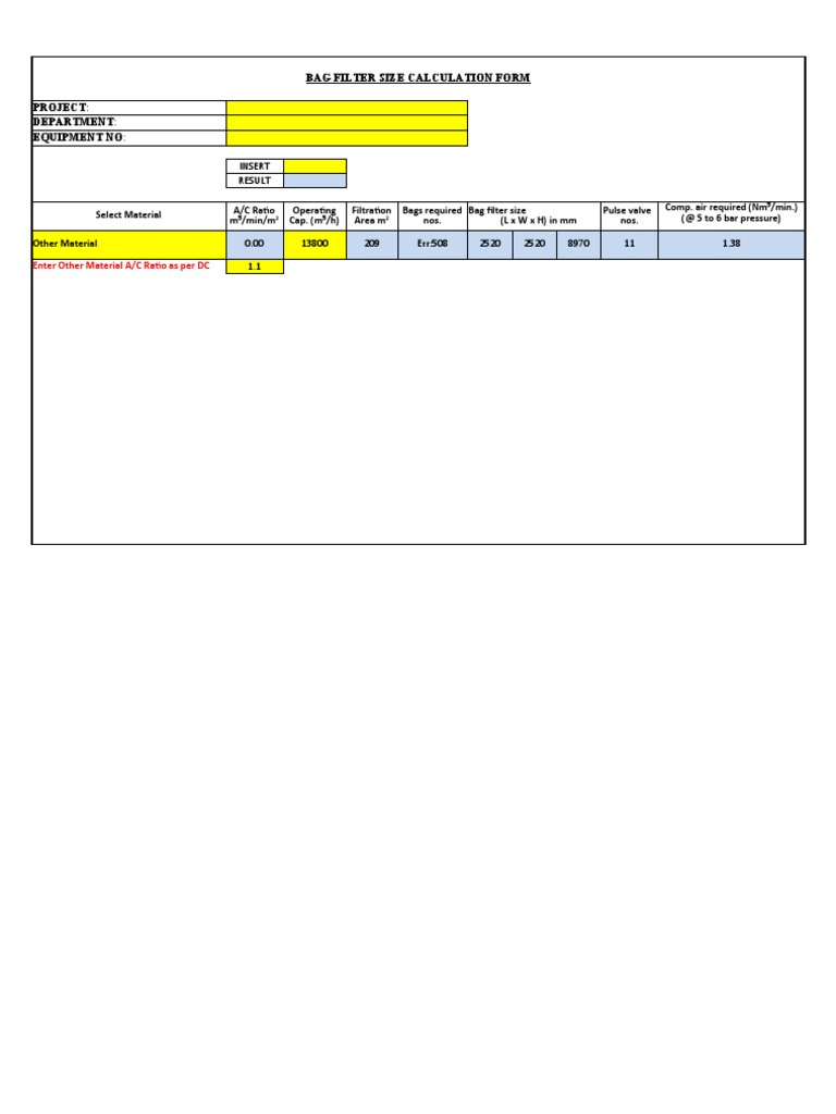 Bag Filter Size Calculation Form Project: Department: Equipment No | PDF