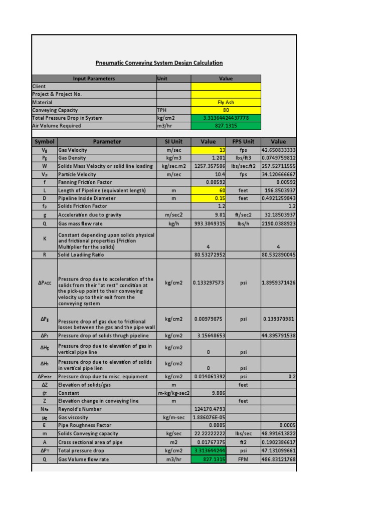 Pneumatic Conveying System Design Calculation: Input Parameters Unit ...