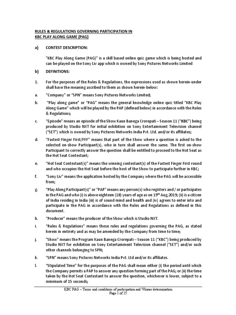 Rules & Regulations Governing Participation in KBC Play Along Game (Pag ...