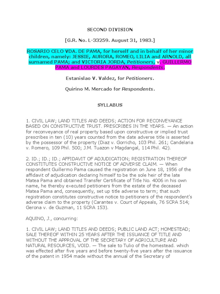 Vda de Pama Vs Pama 124 SCRA 377, Report | PDF | Complaint | Justice