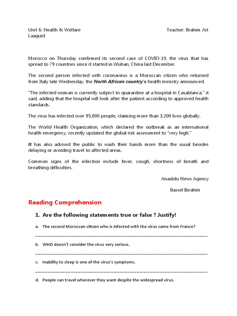 Reading Comprehension: 1. Are The Following Statements True or False ...