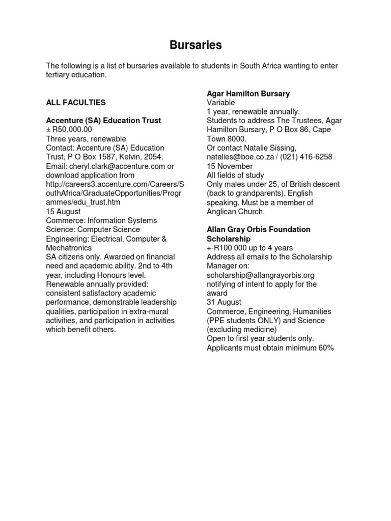List of Available Bursaries | PDF | Bachelor Of Science | Tuition Payments