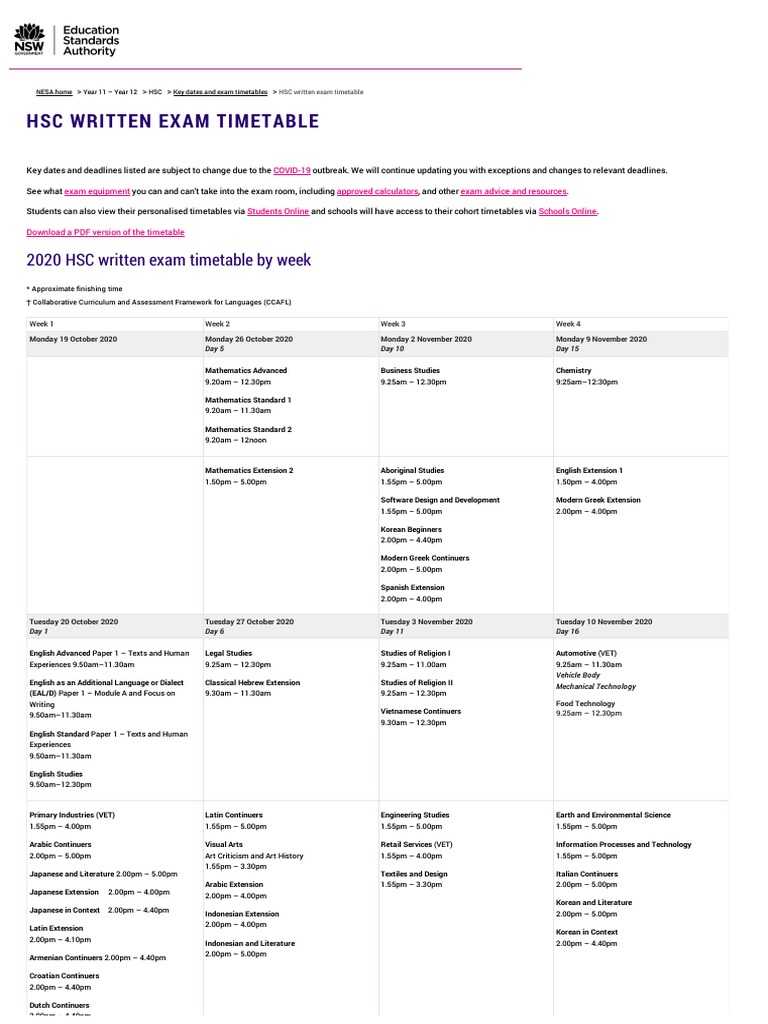 HSC Written Exam Timetable - NSW Education Standards | PDF ...
