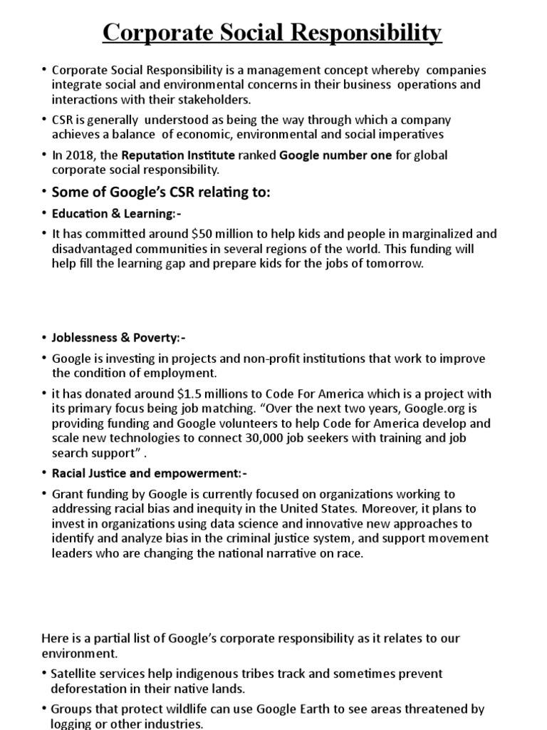 Corporate Social Responsibility: - Some of Google's CSR Relating To ...
