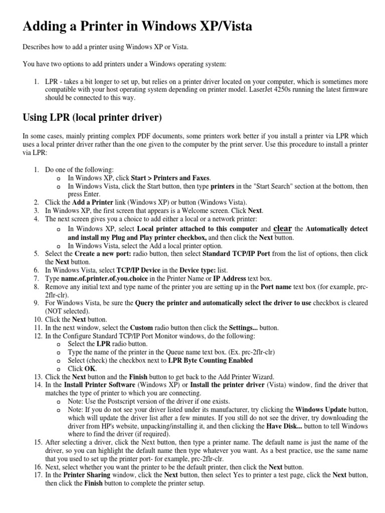 Adding A Printer in Windows XP/Vista: Using LPR (Local Printer Driver ...