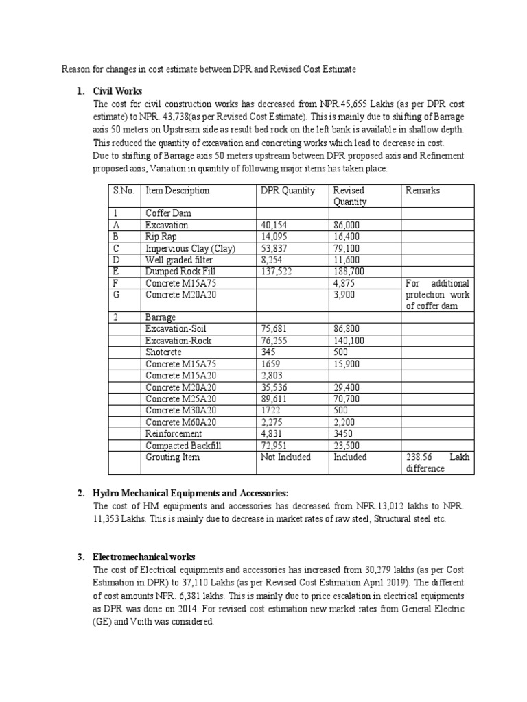 Reason For Changes in Cost Estimate Between DPR and Revised Cost ...