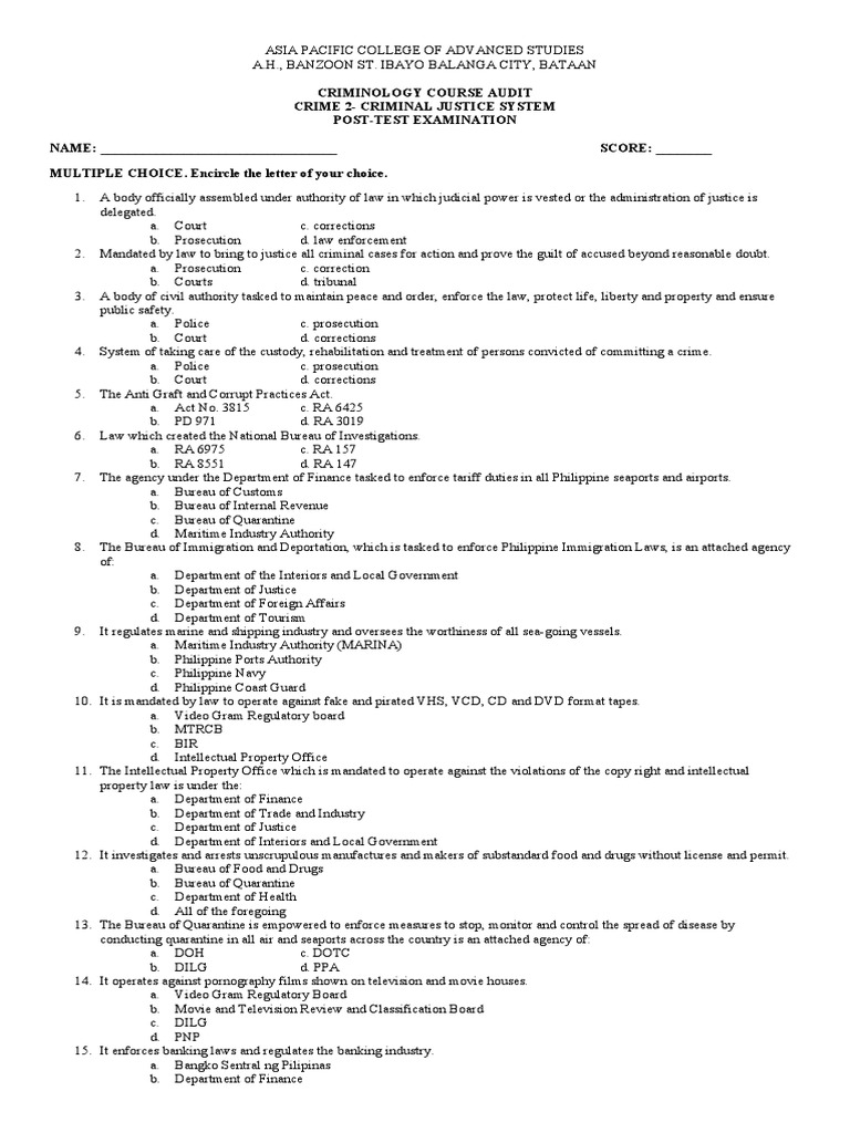 Criminology Course Audit Crime 2-Criminal Justice System Post-Test ...
