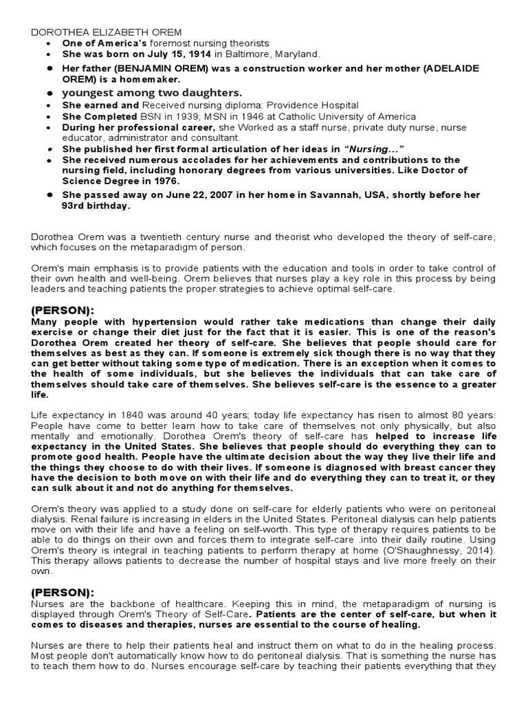 ALL ABOUT Dorothea Orem SELF CARE DEFICIT THEORY | PDF | Nursing ...