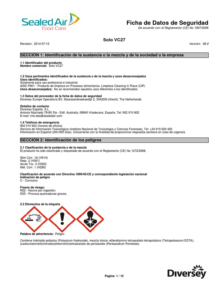 Ficha de Seguridad SOLO VC27 | PDF | Solubilidad | Agua
