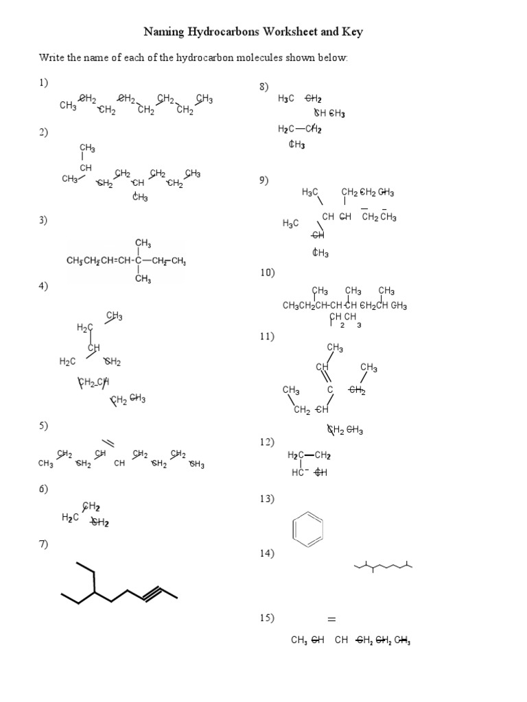 Hydrocarbon Naming Worksheet and Key | PDF | Organic Chemistry | Chemistry