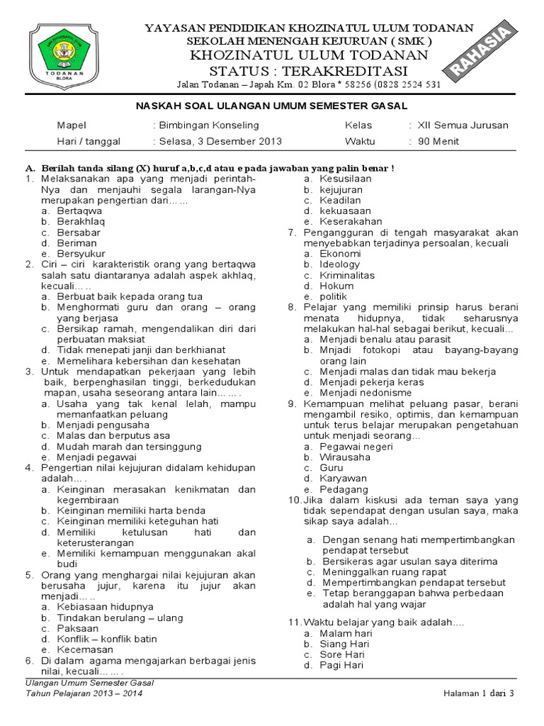 Soal Semester Gasal BK Kelas XII | PDF