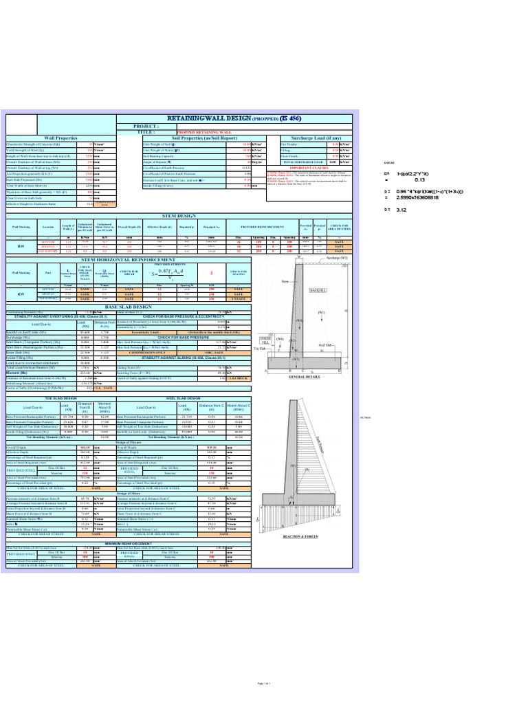 Propped Cantilever Retaining Wall-Is | Wall | Civil Engineering