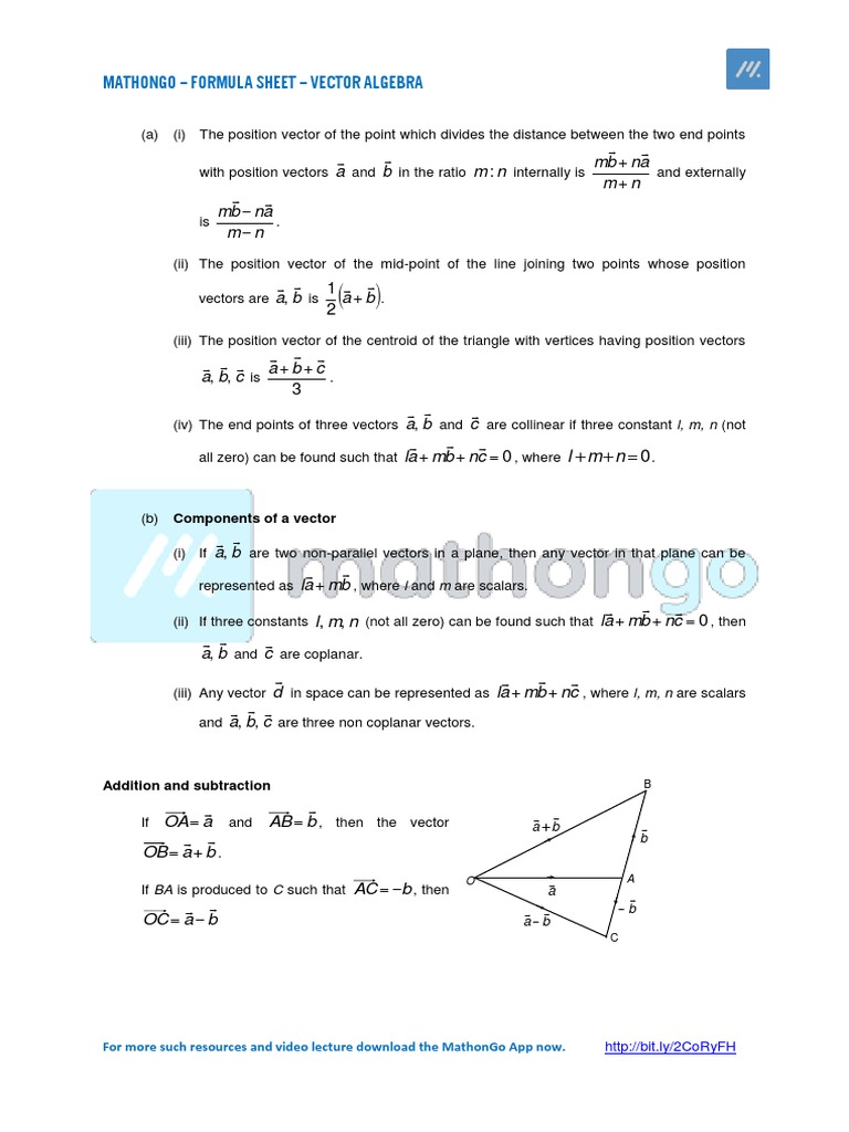 Mathongo - Formula Sheet - Vector Algebra: A B N M: N M A N B M | PDF | Euclidean Vector ...