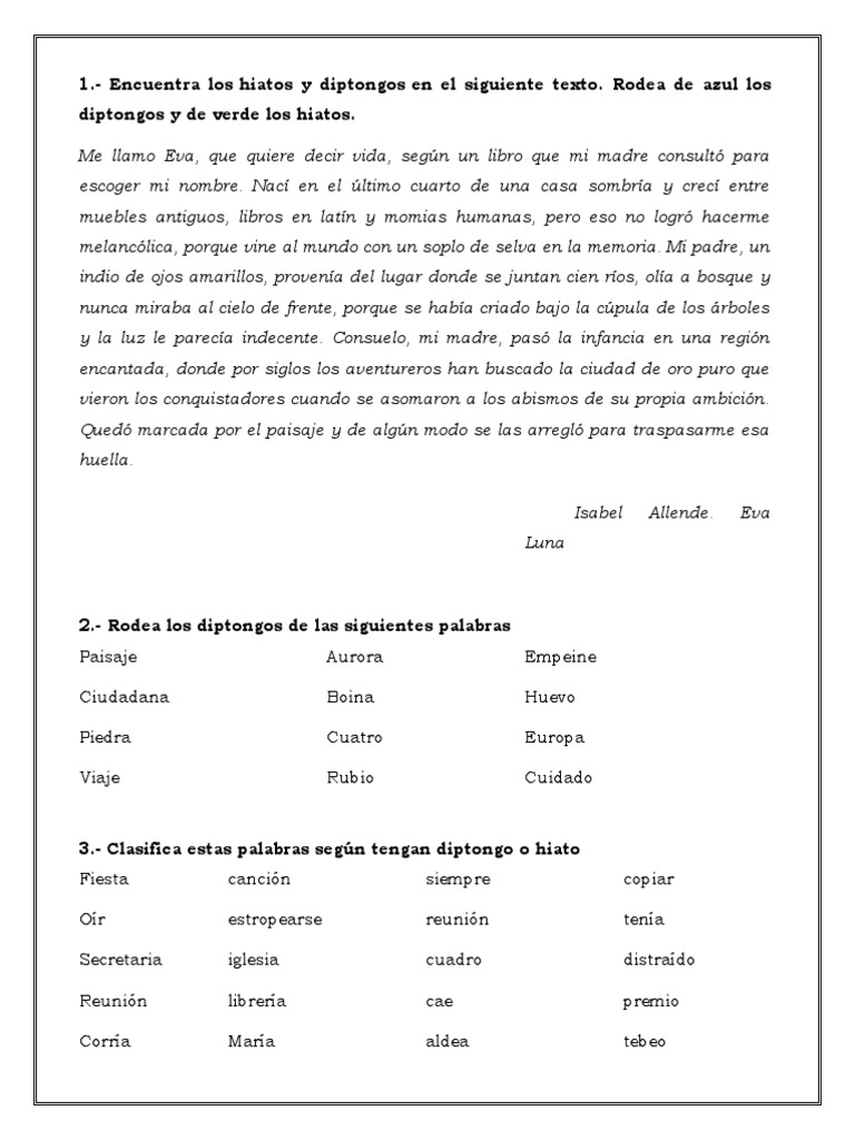 Diptongo e Hiato Ejercicios