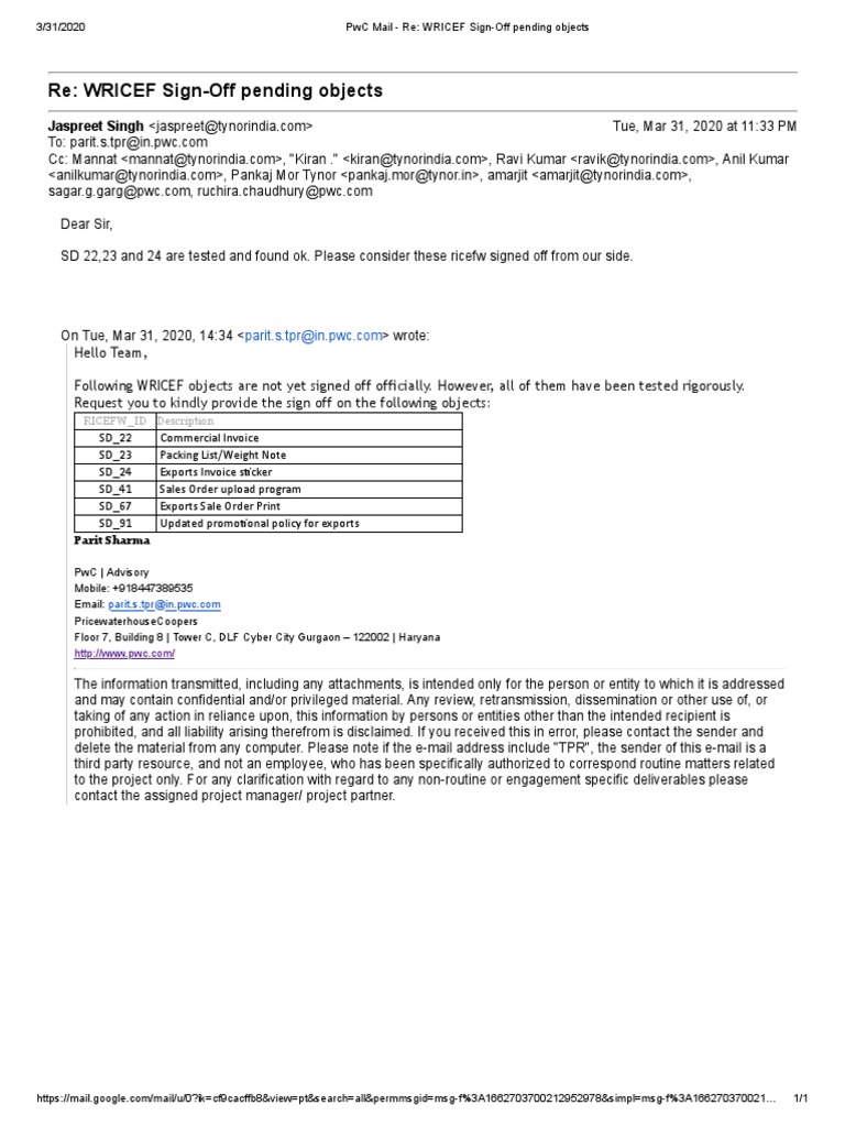 PwC WRICEF Sign-Off Request | PDF | Network Service | Information ...