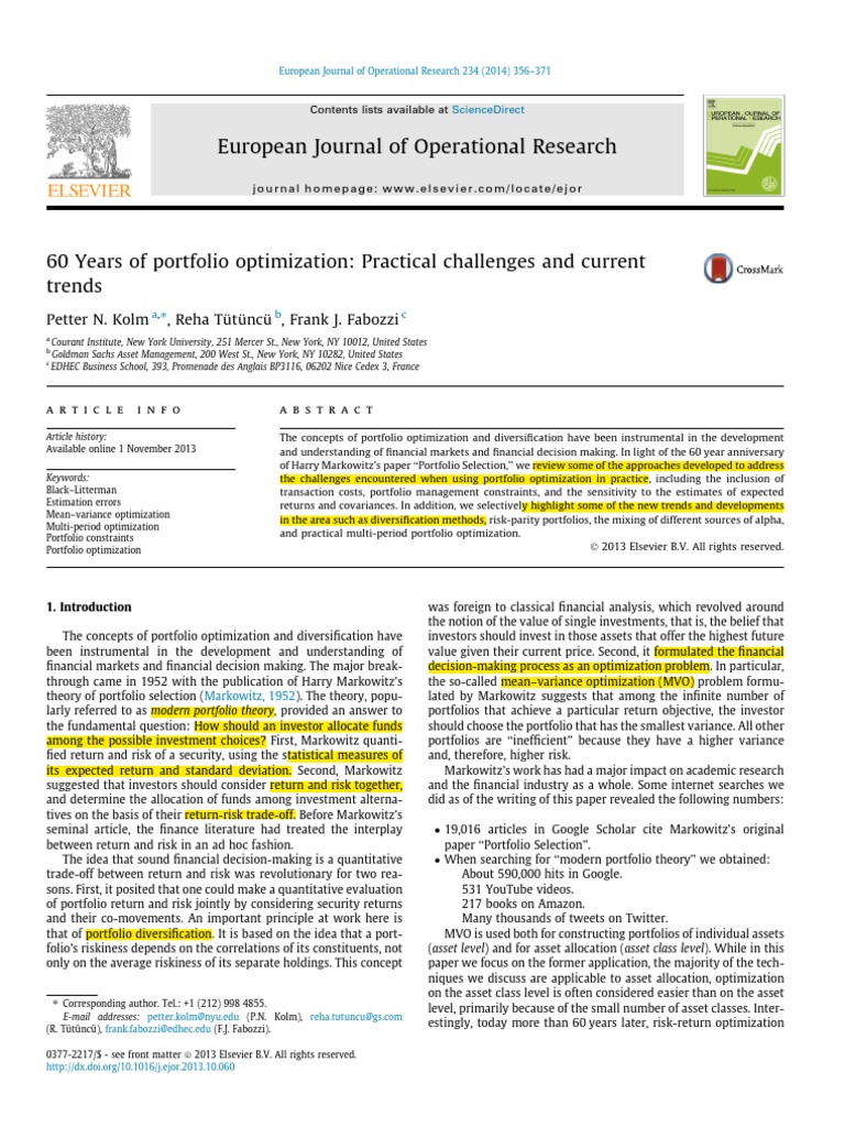 60 Years of Portfolio Optimization | PDF | Modern Portfolio Theory ...