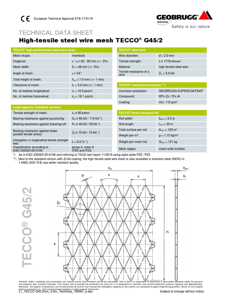 High-Tensile Steel Wire Mesh TECCO G45/2: Technical Data Sheet | PDF | Ultimate Tensile Strength ...