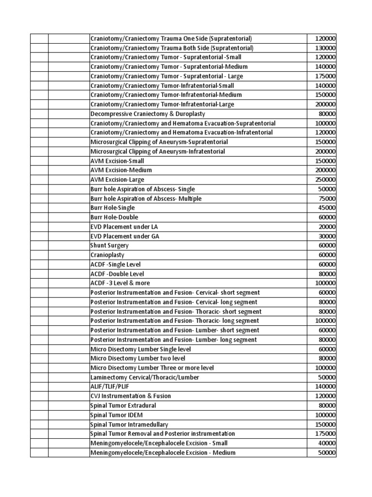 Neurosurgery Procedure Charges Draft | PDF | Neurosurgery | Vertebral ...