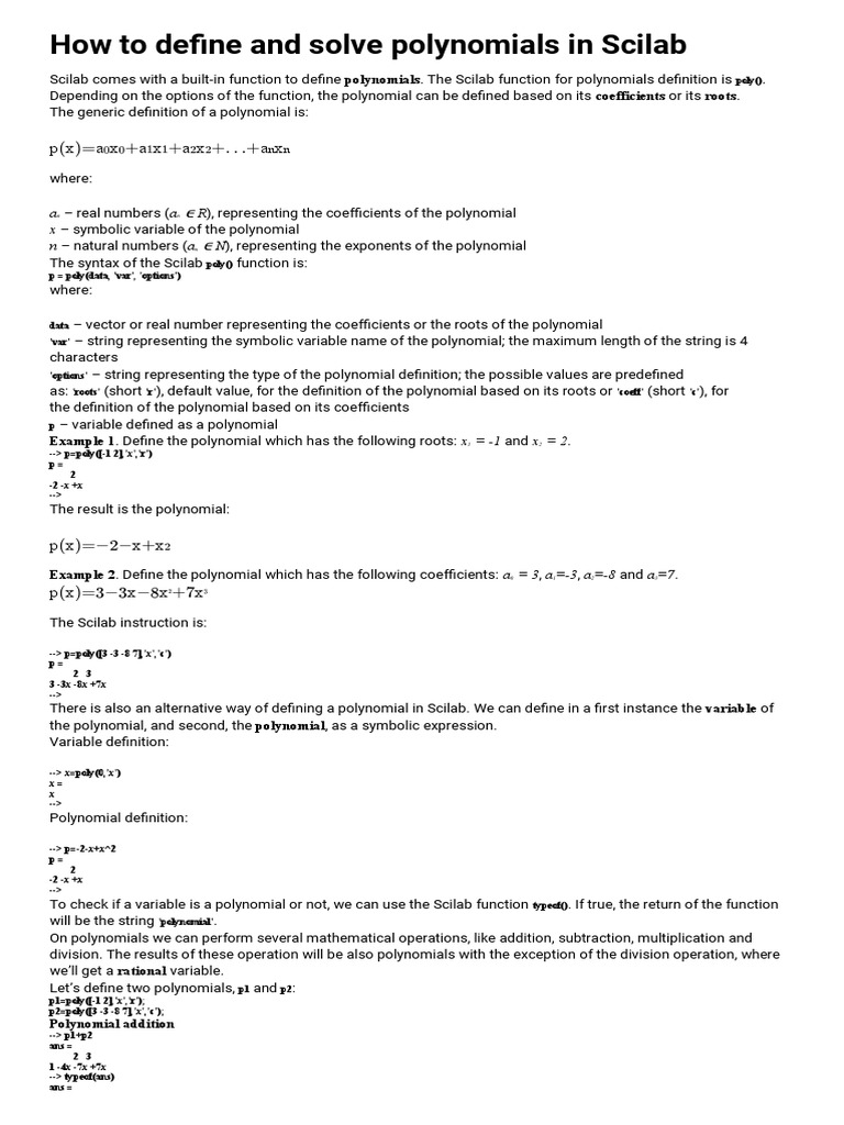 How To Define and Solve Polynomials in Scilab: P (X) A X +a X +a X + +a X | Download Free PDF ...