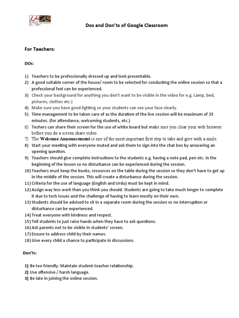 DOs and Don'ts For Online Classes | PDF | Classroom | Teachers