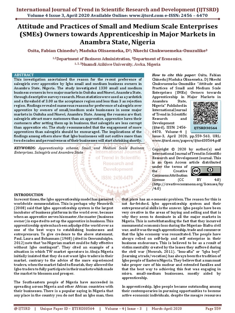 Attitude and Practices of Small and Medium Scale Enterprises SMEs Owners Towards Apprenticeship ...