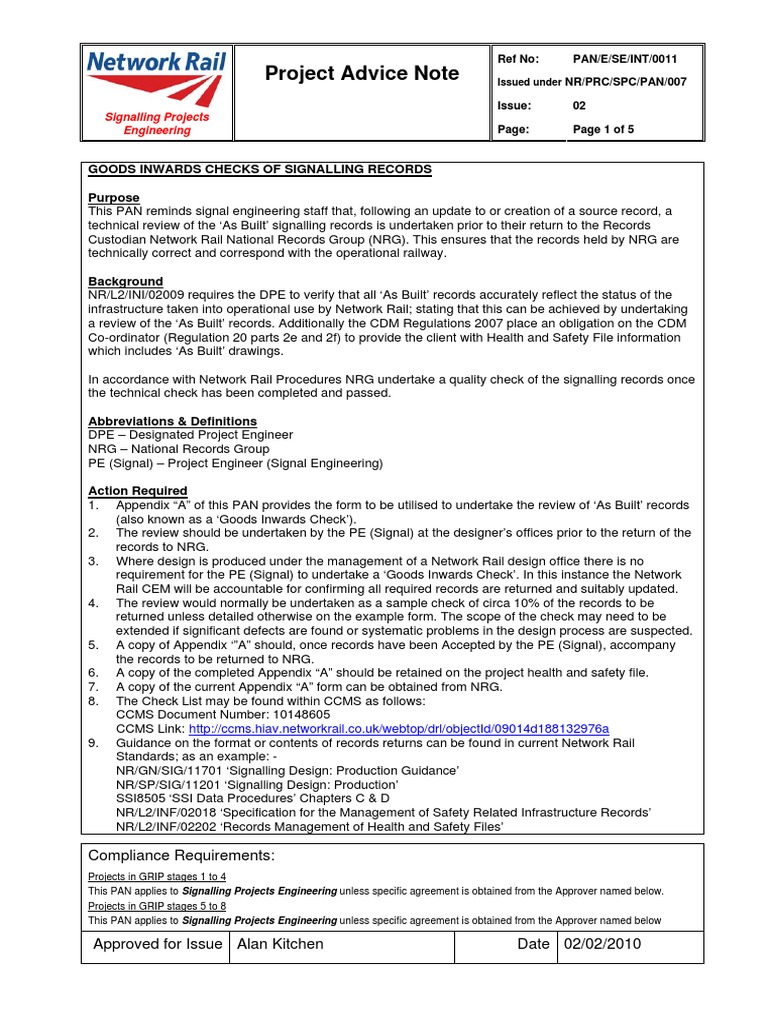 Project Advice Note: Goods Inwards Checks of Signalling Records Purpose ...