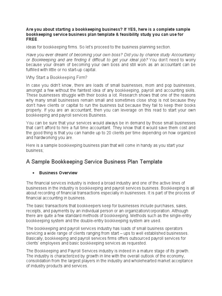 A Sample Bookkeeping Service Business Plan Template | PDF | Bookkeeping ...