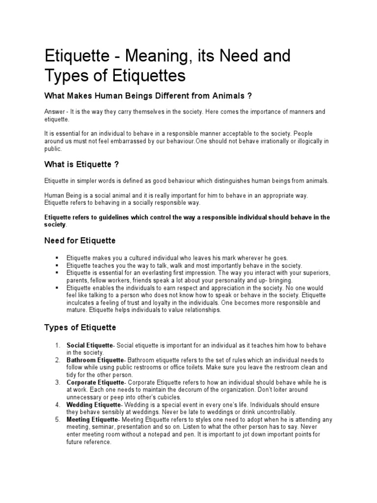 Etiquette - Meaning, Its Need and Types of Etiquettes: What Makes Human ...