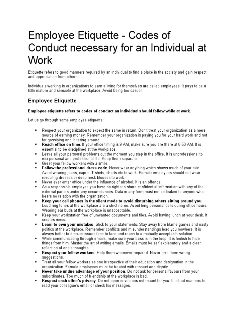 Employee Etiquette - Codes of Conduct Necessary For An Individual at ...