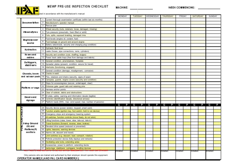 Mewp Pre-Use Inspection Checklist: Documentation | PDF | Manufactured ...