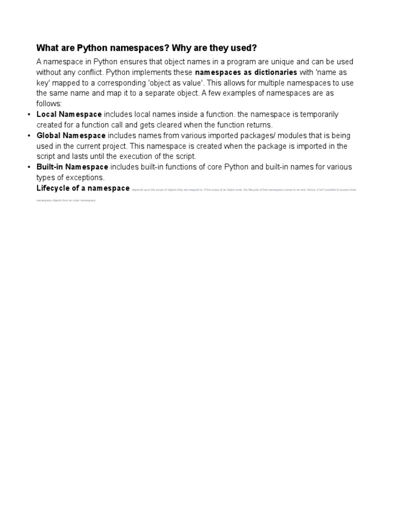 What Are Python Namespaces? Why Are They Used?: Lifecycle of A Namespace | PDF
