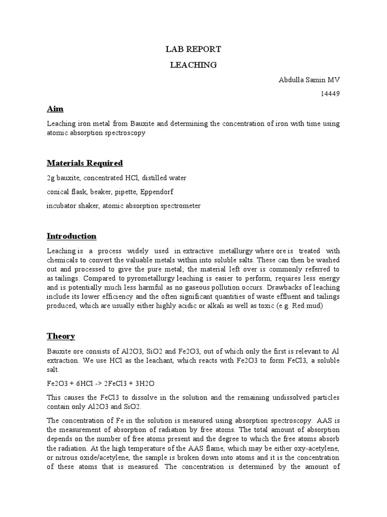 LAB REPORT Leaching | PDF | Atomic Absorption Spectroscopy | Absorbance