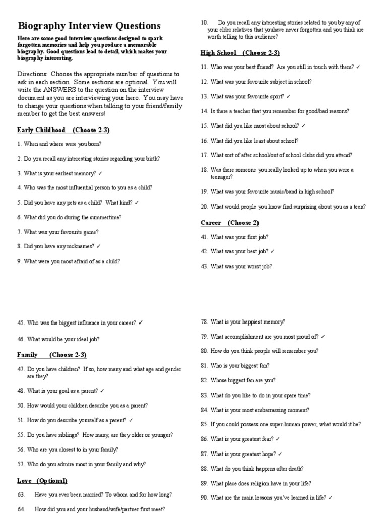 Biography Interview Questions: High School (Choose 2-3) | PDF ...