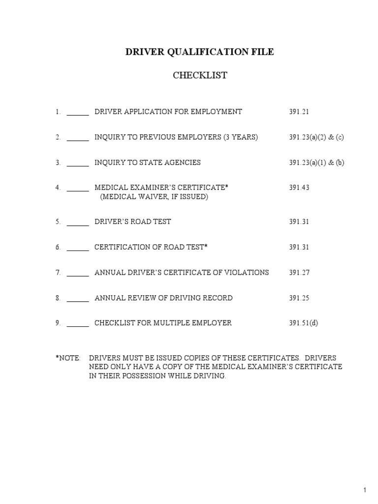Driver Qualification File: Checklist | PDF | Driving Under The ...