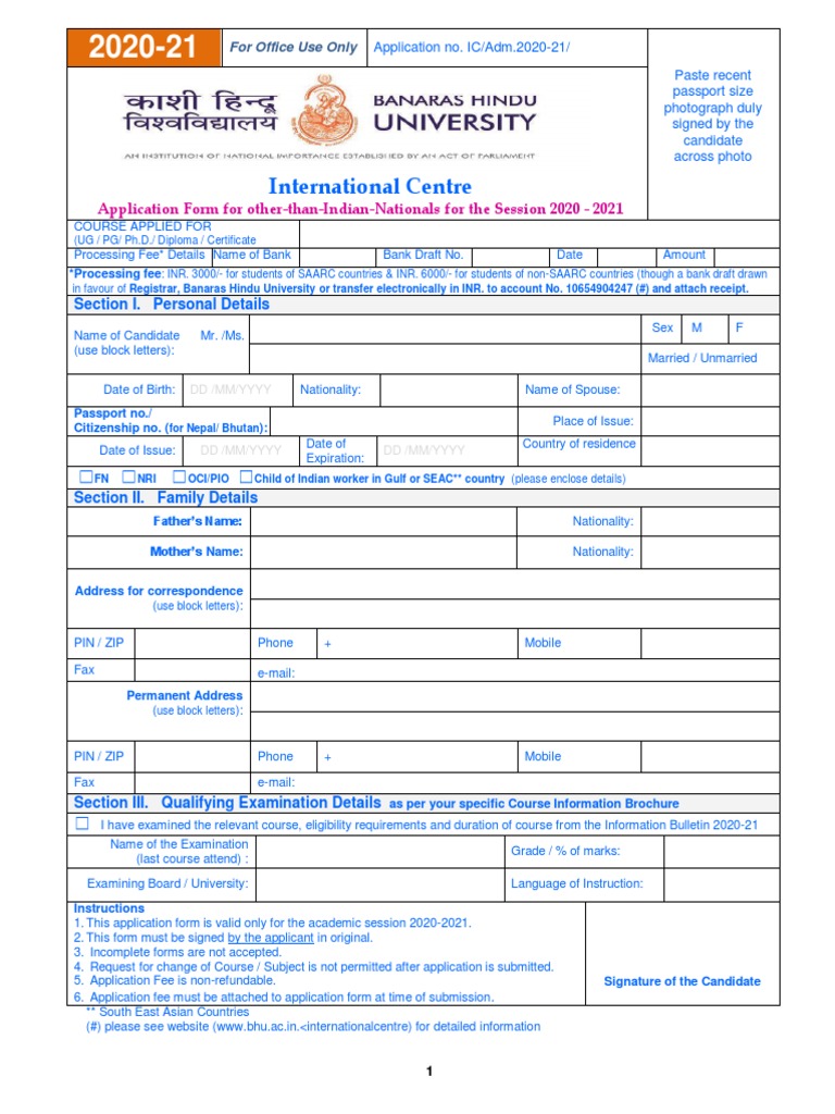 International Centre: Application Form For other-than-Indian-Nationals For The Session 2020 ...