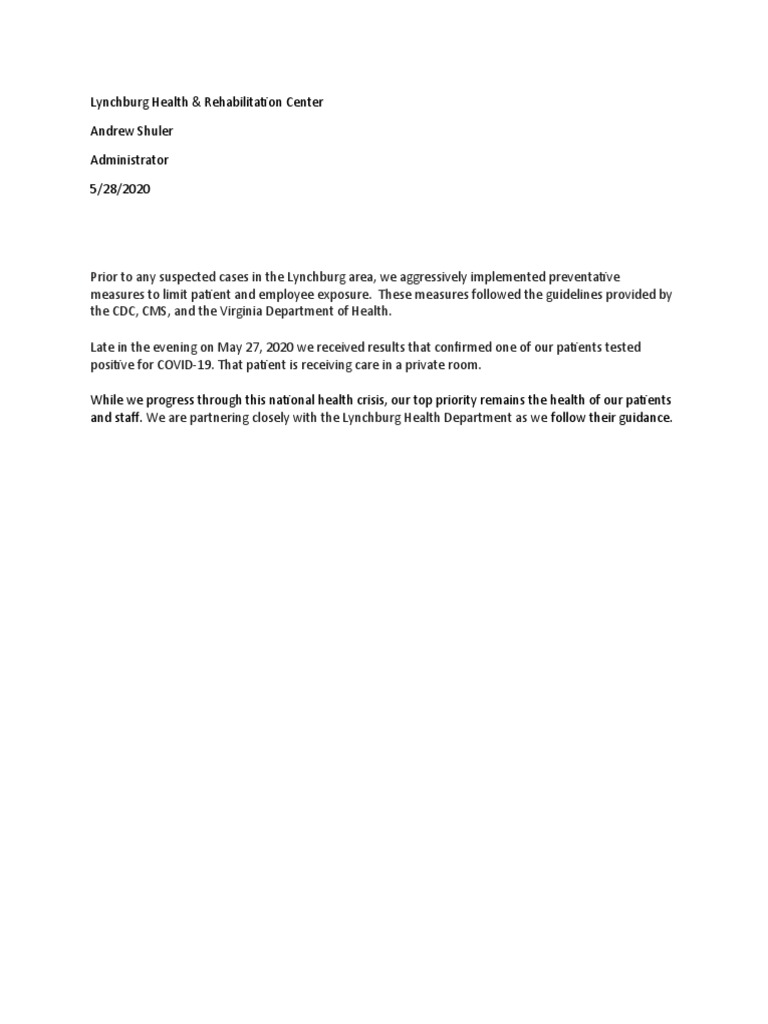 Lynchburg Health & Rehabilitation Center Letter | PDF