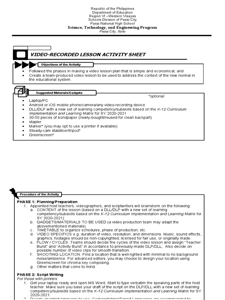 Video LEsson Activity Sheet | PDF | Video | Computing