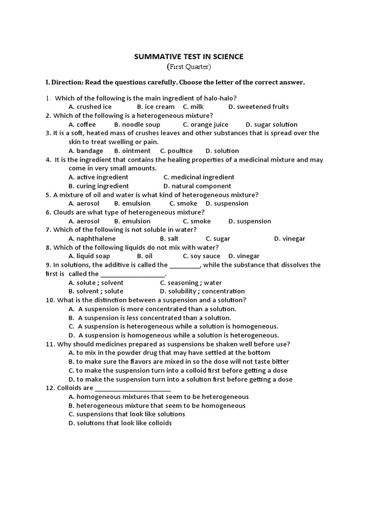 Summative Test in Science: I. Direction: Read The Questions Carefully ...