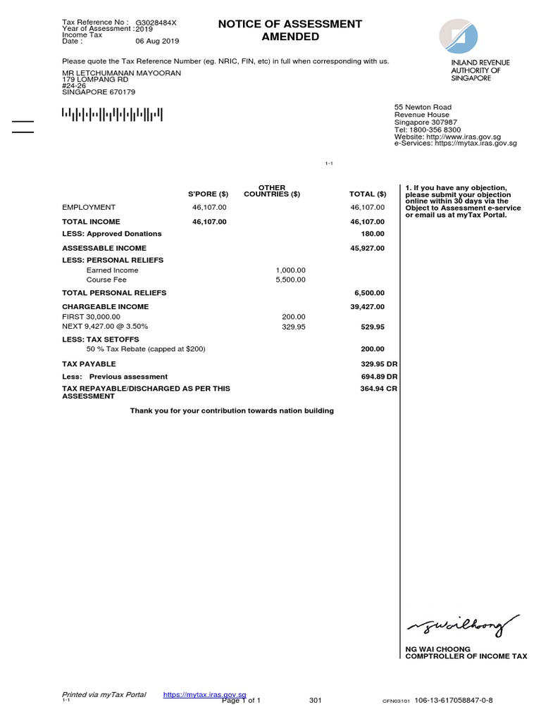 Singapore Income Tax Notice of Assessment | PDF | Economies | Taxes