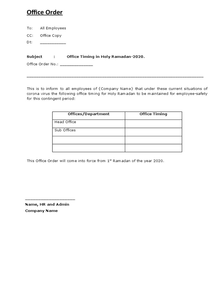 Office Order - Office Timing in Holy Ramadan-2020 | PDF | Finance & Money Management