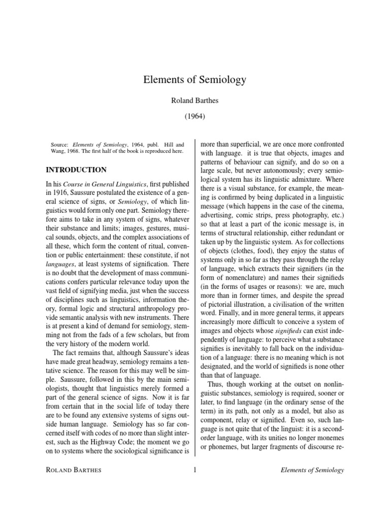 Elements of Semiology Review | PDF | Semiotics | Linguistics