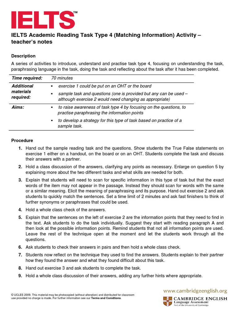 IELTS Academic Reading Task Type 4 (Matching Information) Activity ...