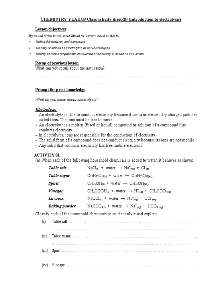 Activity Sheet-29 (Introduction To Electrolysis) | PDF | Electrolyte | Ion