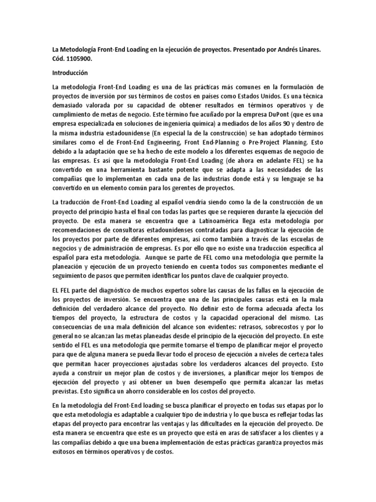 Front End Loading | PDF | Gestión de proyectos | Modelo de negocio