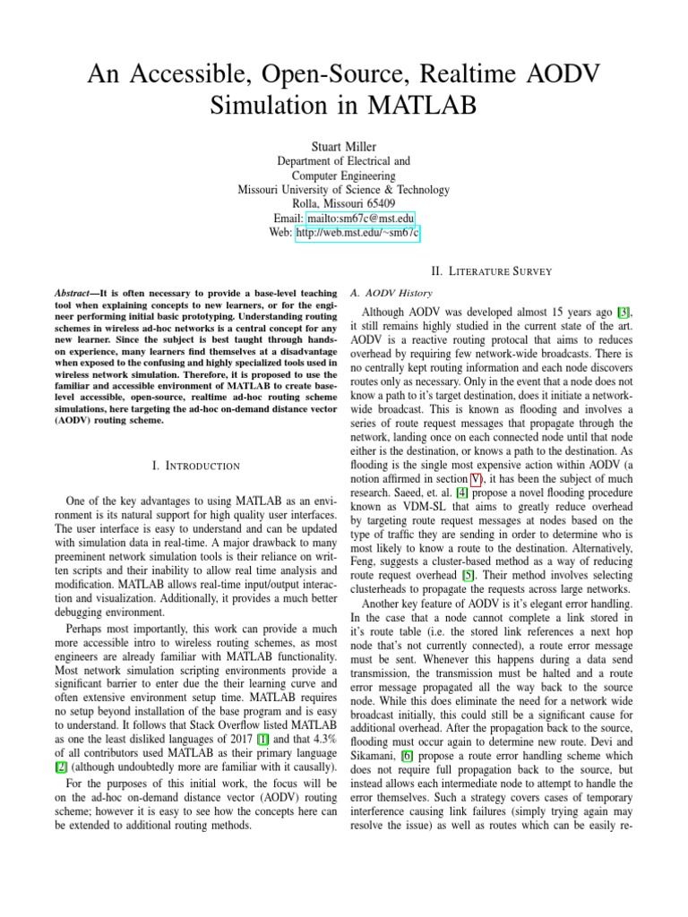 An Accessible, Open-Source, Realtime AODV Simulation in MATLAB | PDF ...