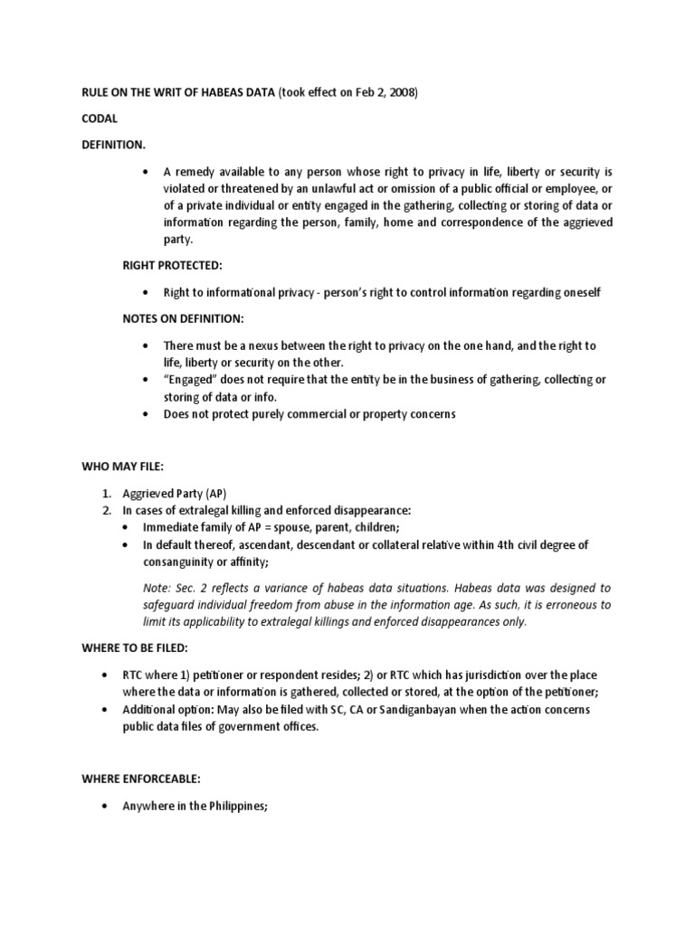 Rule On Habeas Data - Outline | PDF | Habeas Corpus | Judgment (Law)