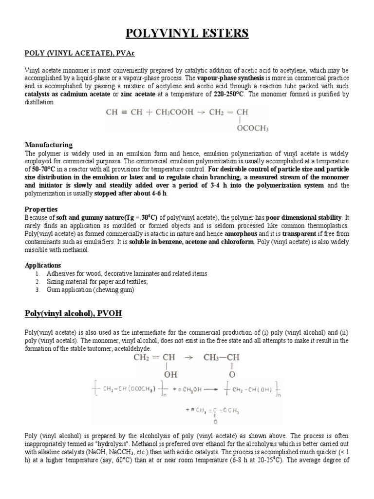 Polyvinyl Esters: Poly (Vinyl Acetate), Pvac | PDF | Polyvinyl Chloride ...