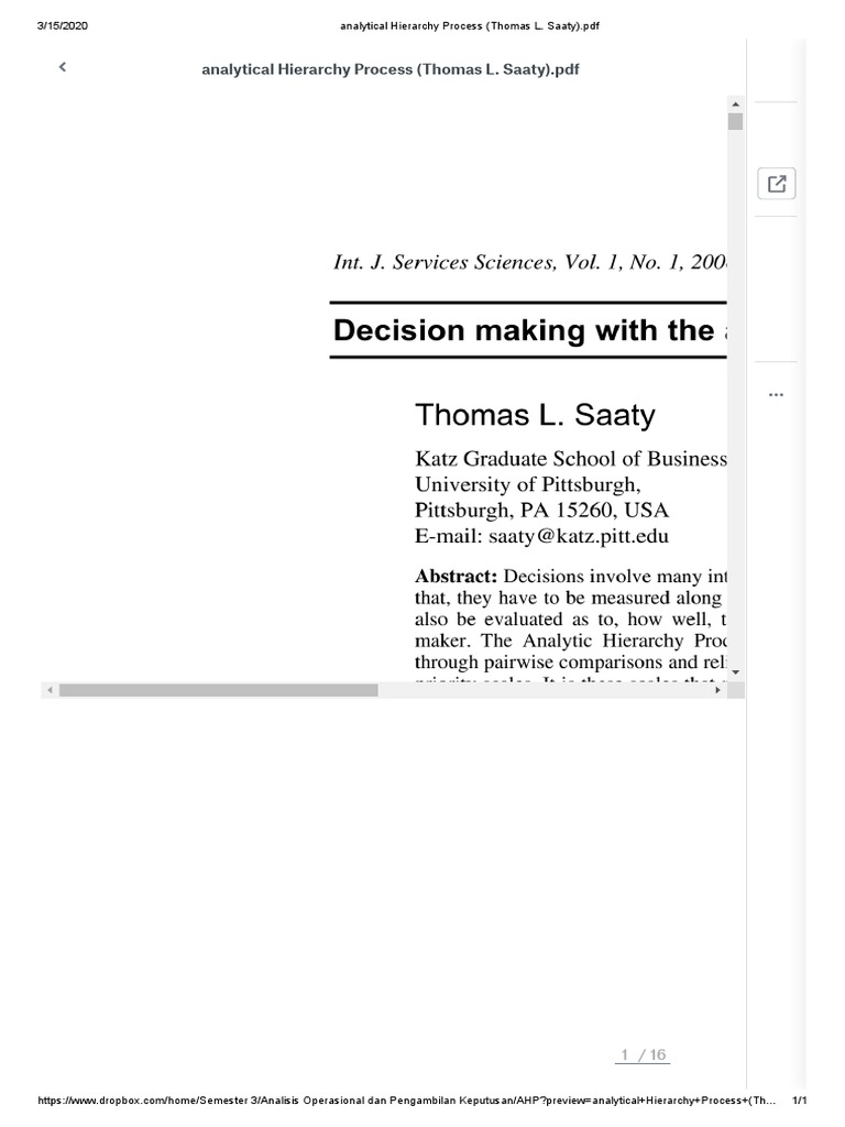 Analytical Hierarchy Process (Thomas L. Saaty) | PDF