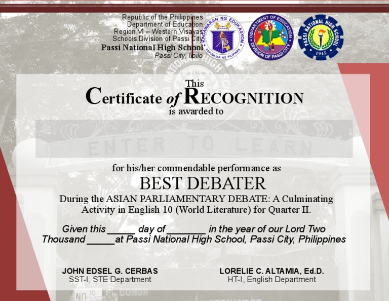Debate Competition Certificate