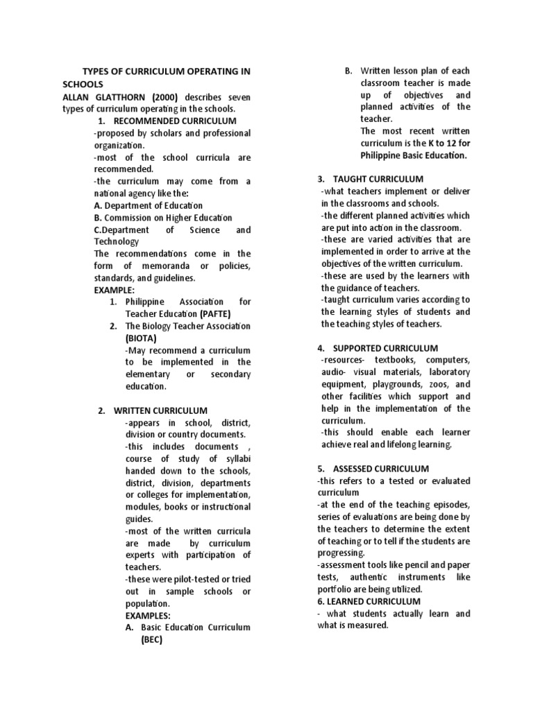 Seven Types of Curriculum Explained | PDF | Curriculum | Teachers